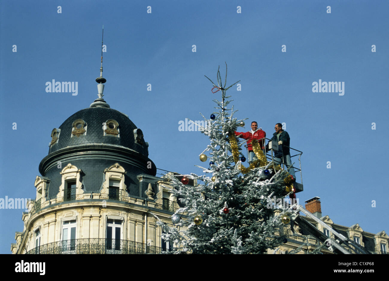 People putting up the Christmas tree, Montpelier, France Stock Photo ...