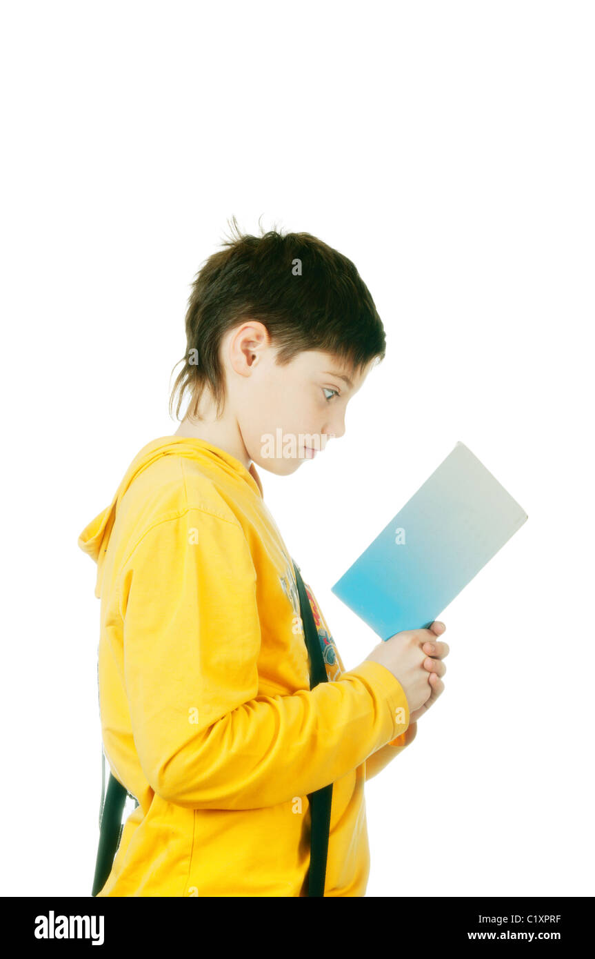 boy stay and reading the open book Stock Photo - Alamy