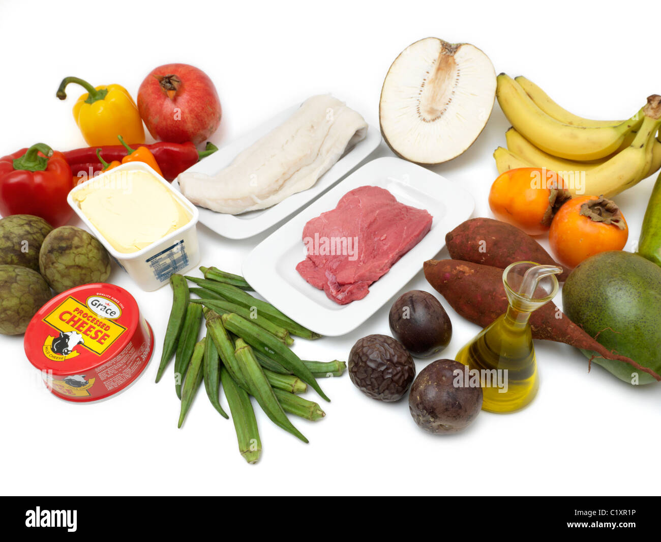 Meat fish vegetables fruit caribbean hi-res stock photography and ...