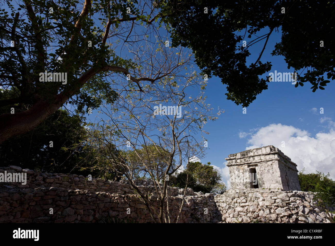 Watchtower and stone wall surrounding the Maya city of Tulum (The ...