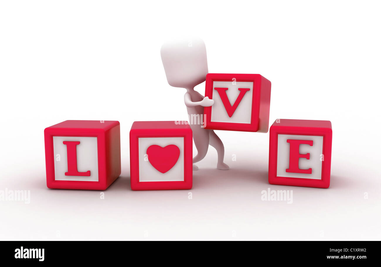 3D Illustration of a Man Arranging Pieces of Blocks to Form the Word ...