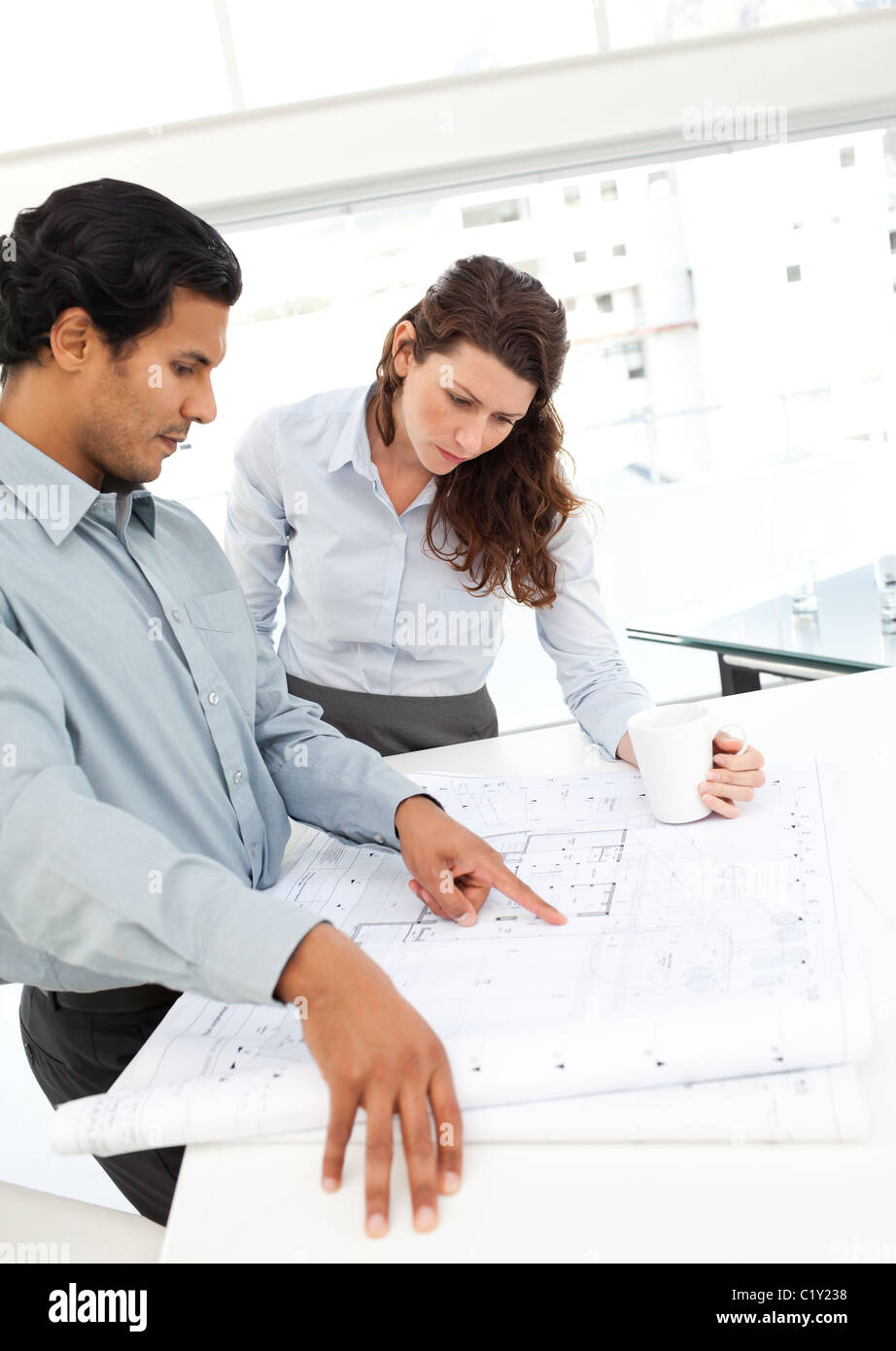 Serious architects looking at plans standing at a table Stock Photo - Alamy