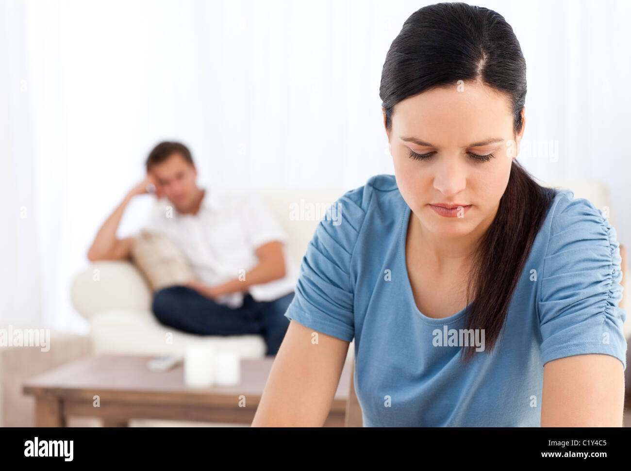 Woman thinking table boyfriend hi-res stock photography and images - Alamy