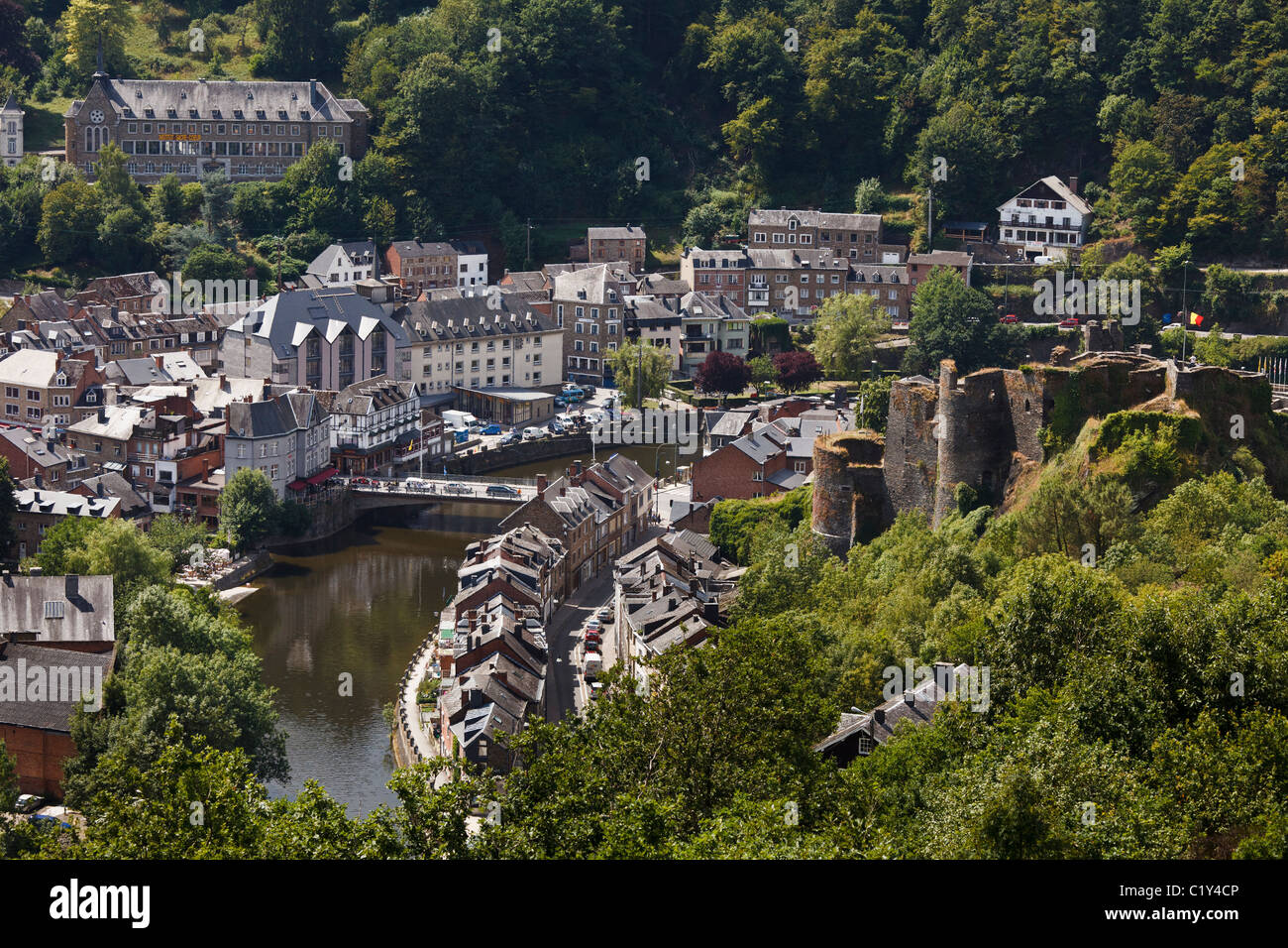 View towards the castle and the bridge over the River Ourthe, La Roche ...