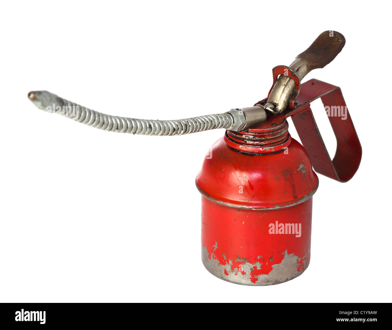 closeup image of classic red oiler on white background Stock Photo - Alamy