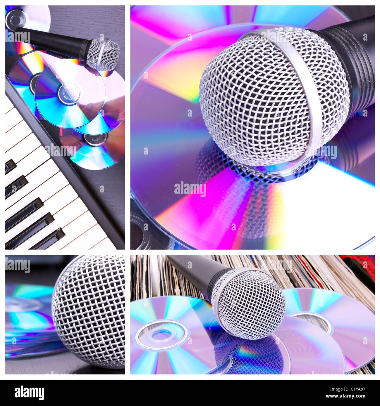 Microphone collage. Microphone and piano parts Stock Photo - Alamy