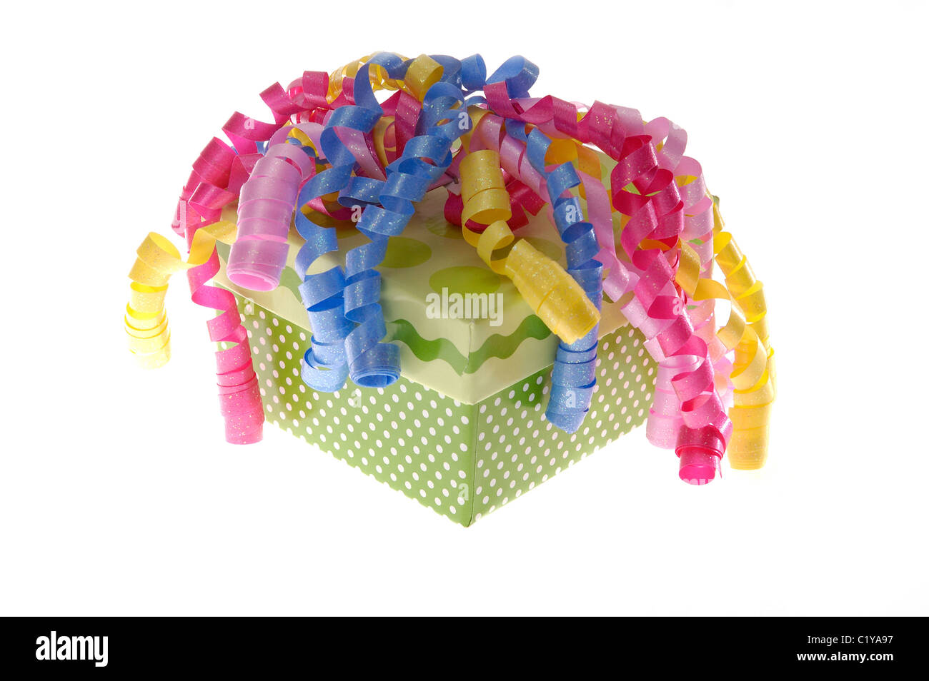 Colorful present or gift box with curly ribbon Stock Photo - Alamy