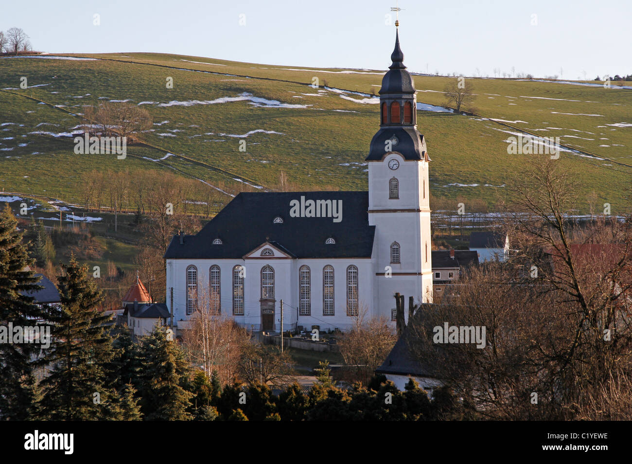 large white church on a spring afternoon Stock Photo - Alamy