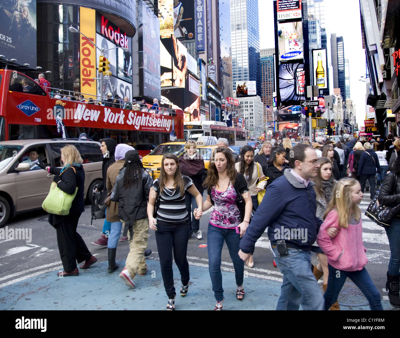 Manhattan crosswalk people crowds times square city urban pedestrians ...