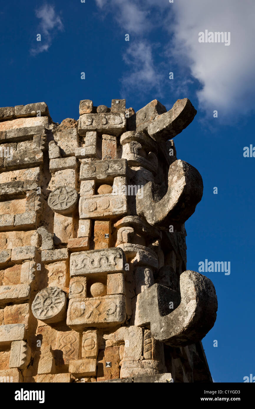 Chaac masks on the corner of The Palace in Maya ruins of Xlapak, Puuc ...