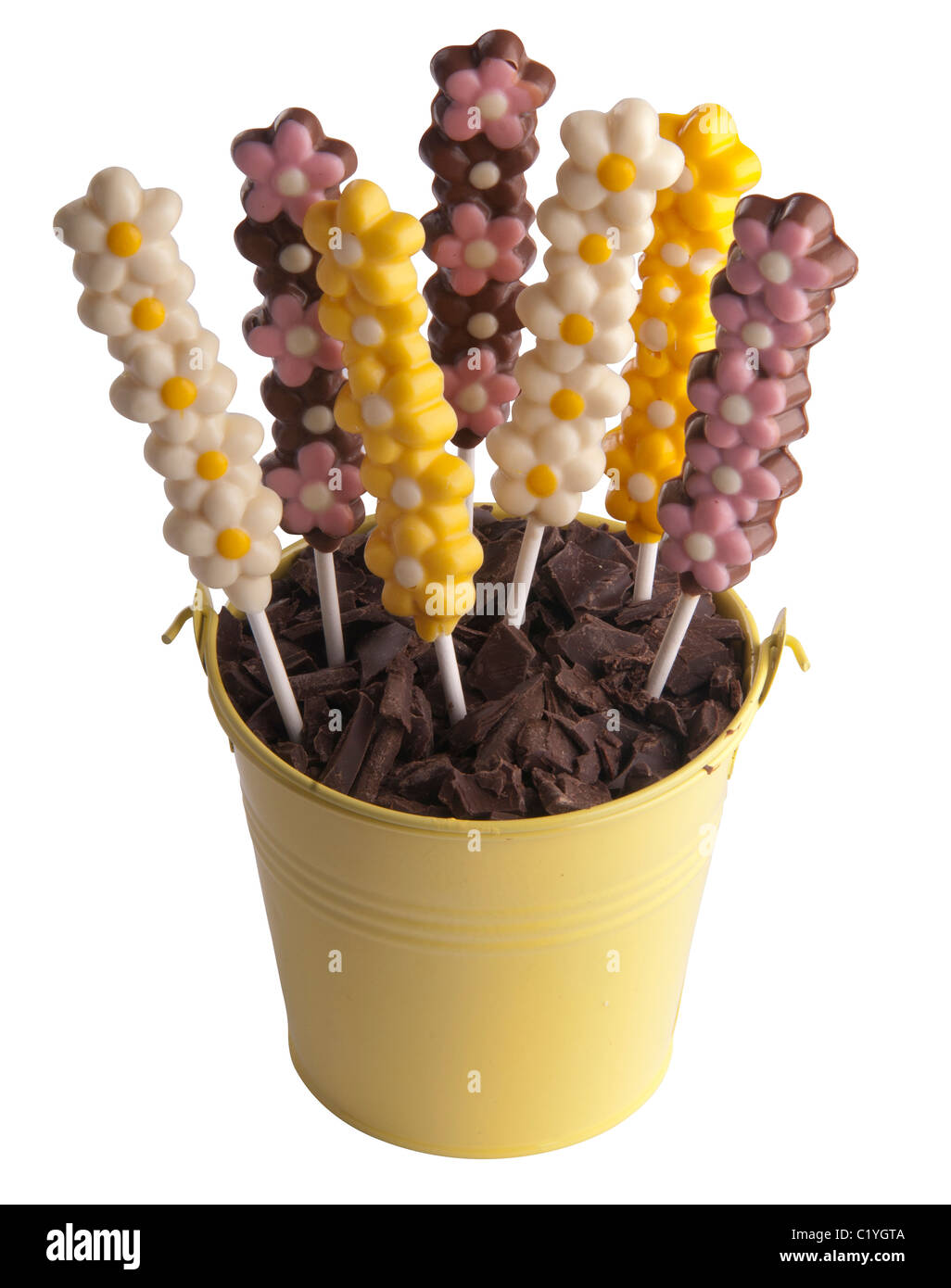 colorful chocolate flowers in a bucket filled with chocolate Stock ...