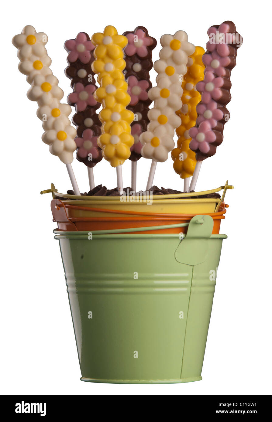 colorful chocolate flowers in a bucket filled with chocolate Stock ...