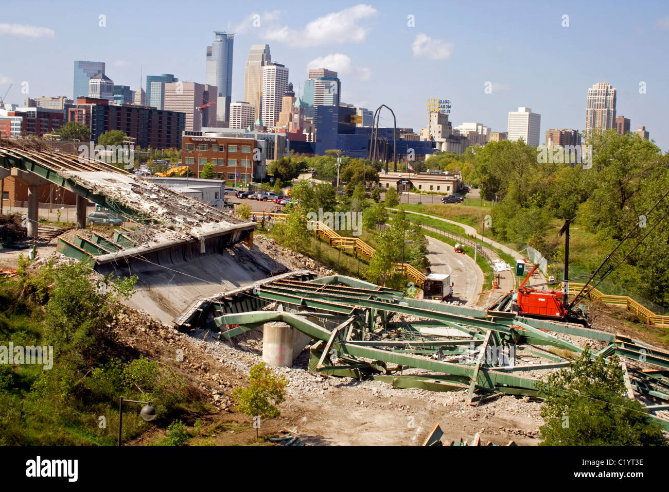 Collapsed I-35W bridge in front of downtown skyline 2007. Minneapolis ...