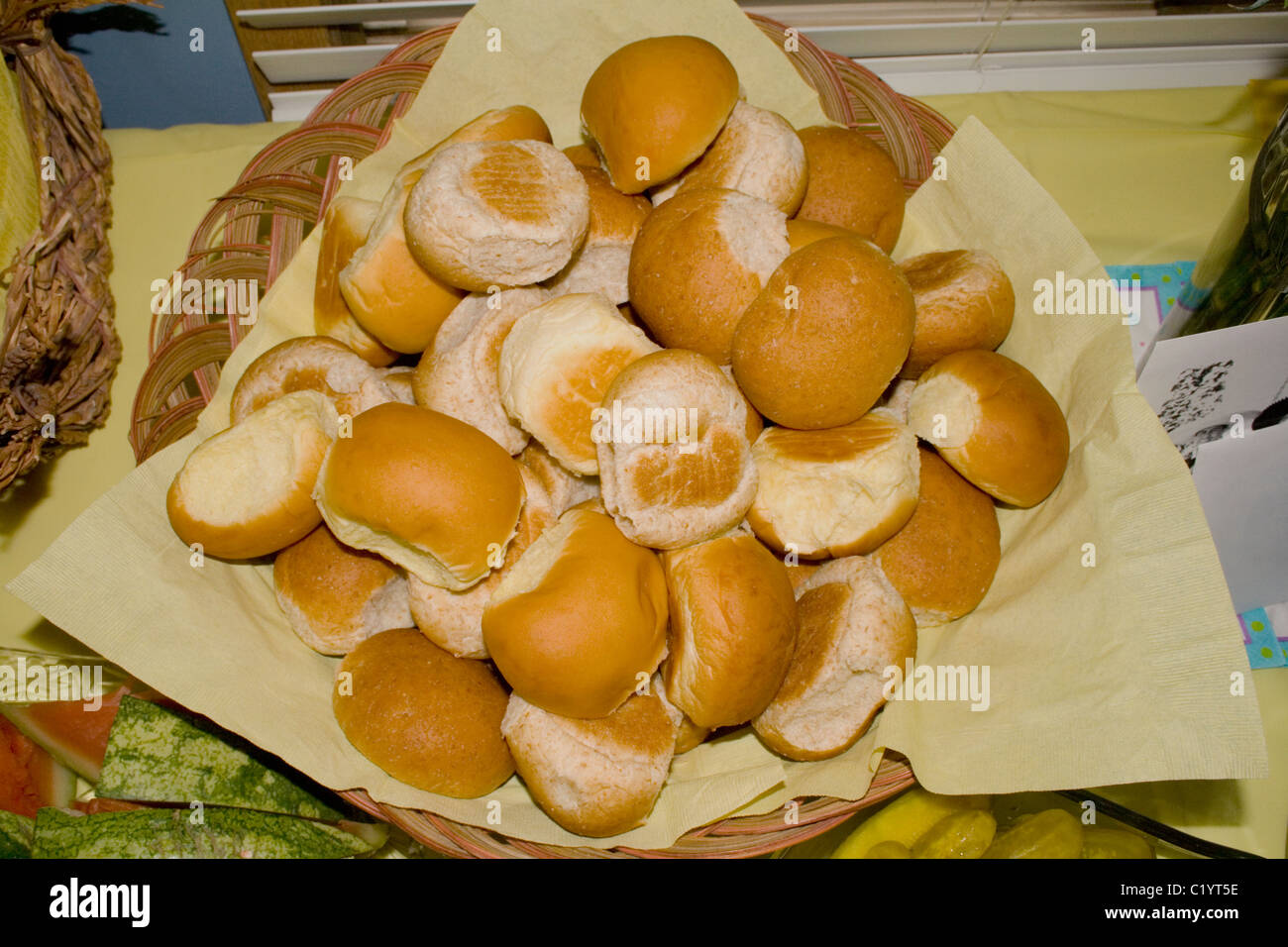 Basket of dinner rolls at a birthday party banquet. St Paul Minnesota ...
