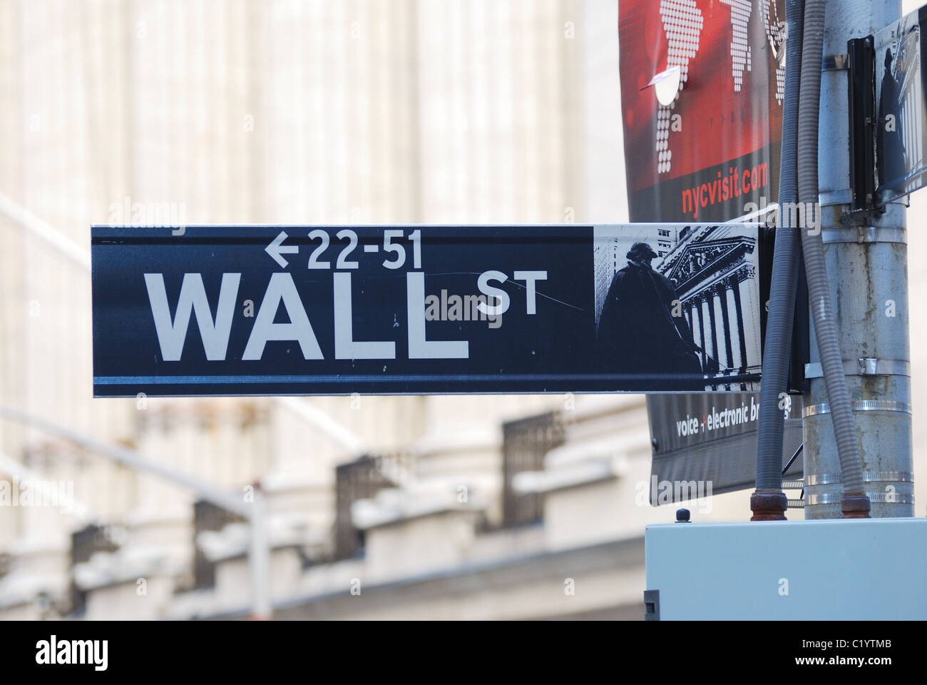 New York City Wall Street road sign in downtown Manhattan with ...