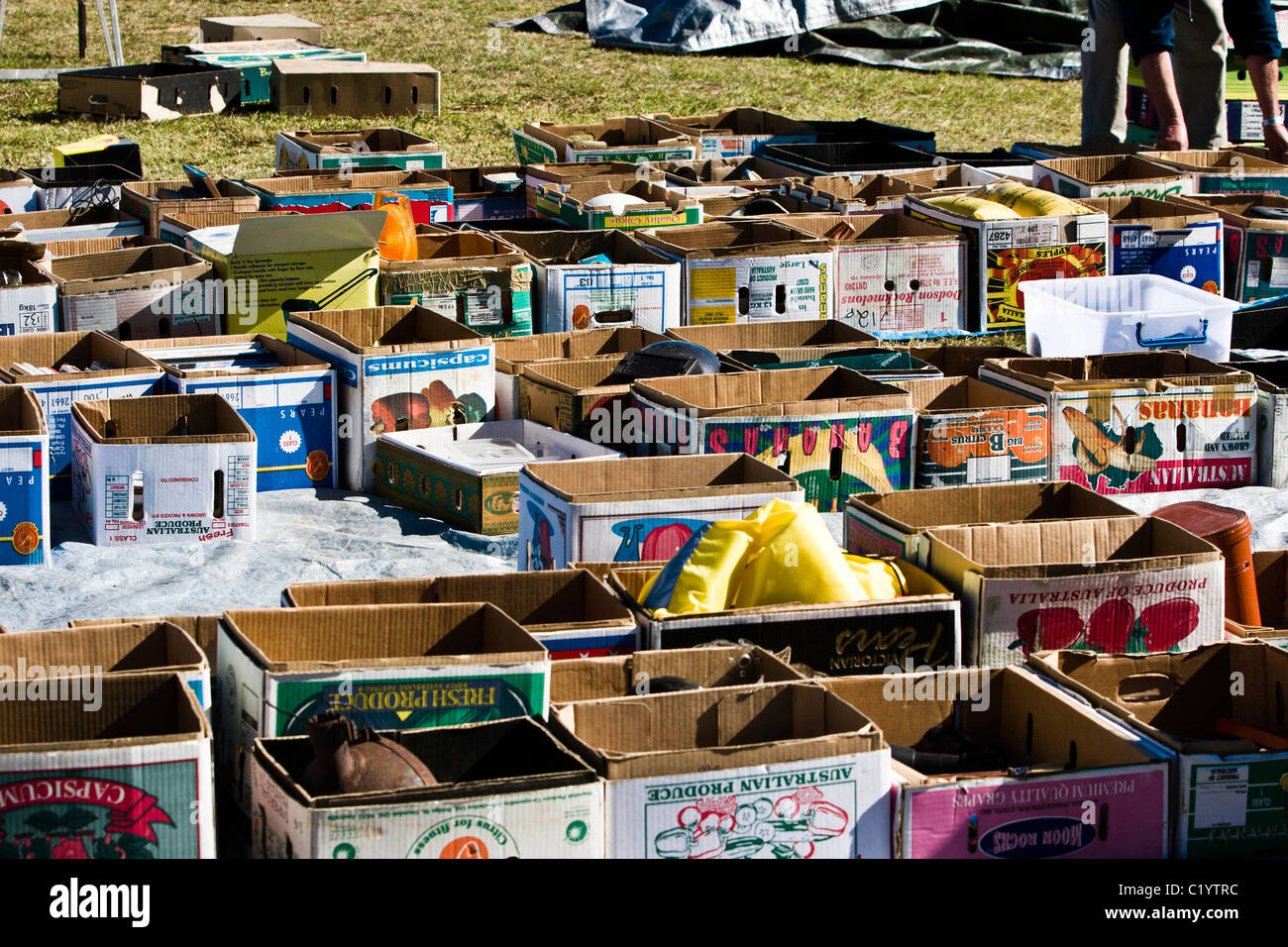 Cardboard fruit boxes on the ground Stock Photo - Alamy