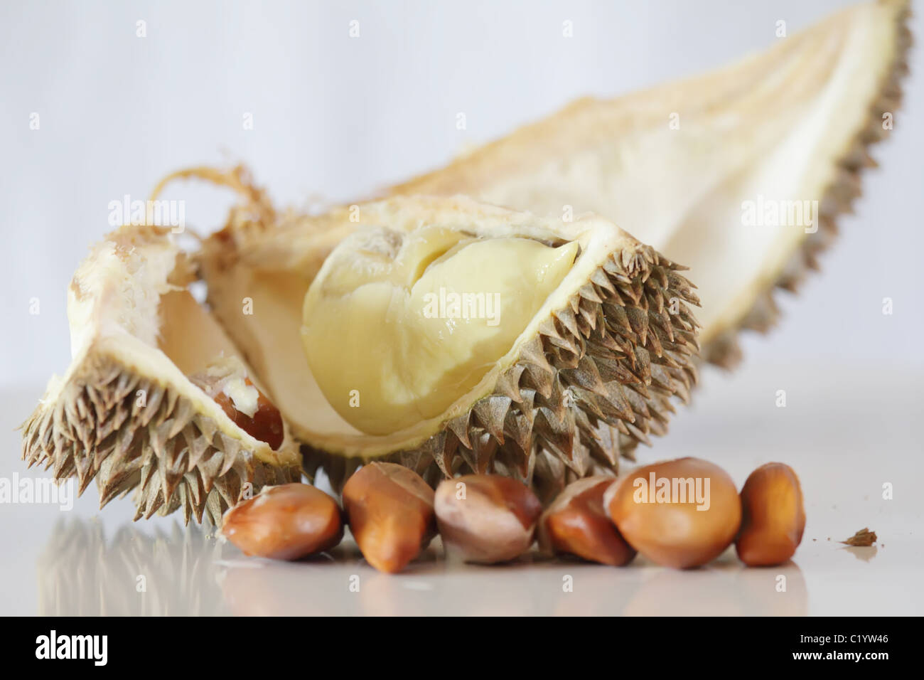 Durian Fruit Opened with Seeds and Flesh Stock Photo - Alamy
