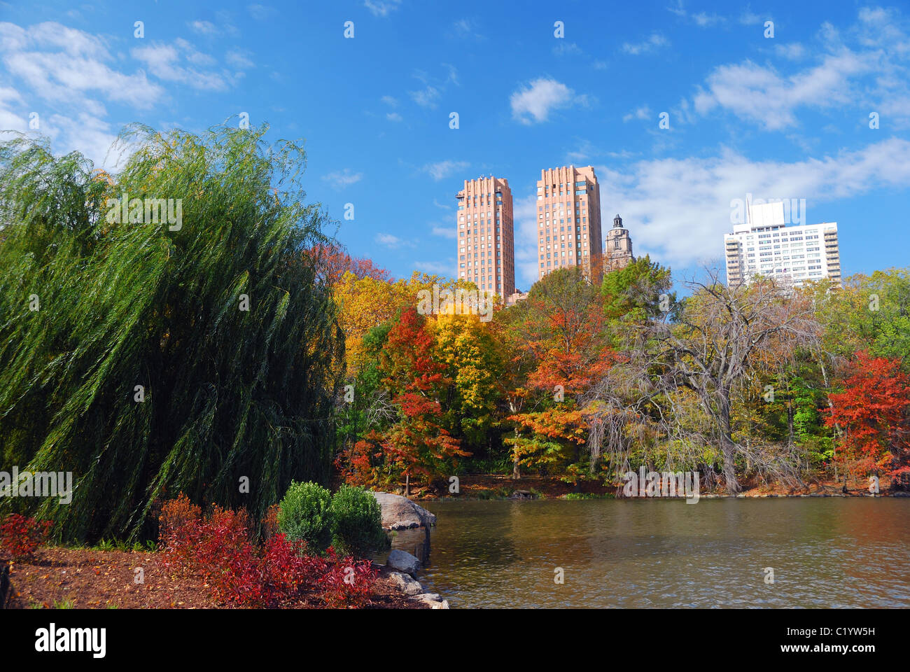 New York City Central Park in Autumn with Manhattan skyscrapers and ...