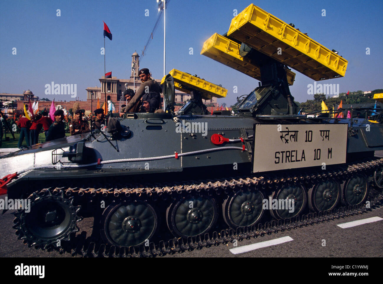 An Indian Army armored vehicle and rocket launcher stands ready to join ...