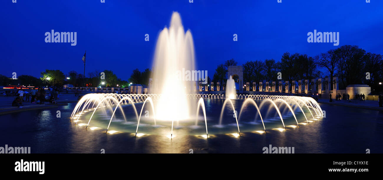 World War II memorial fountain panorama with fountains and light at ...