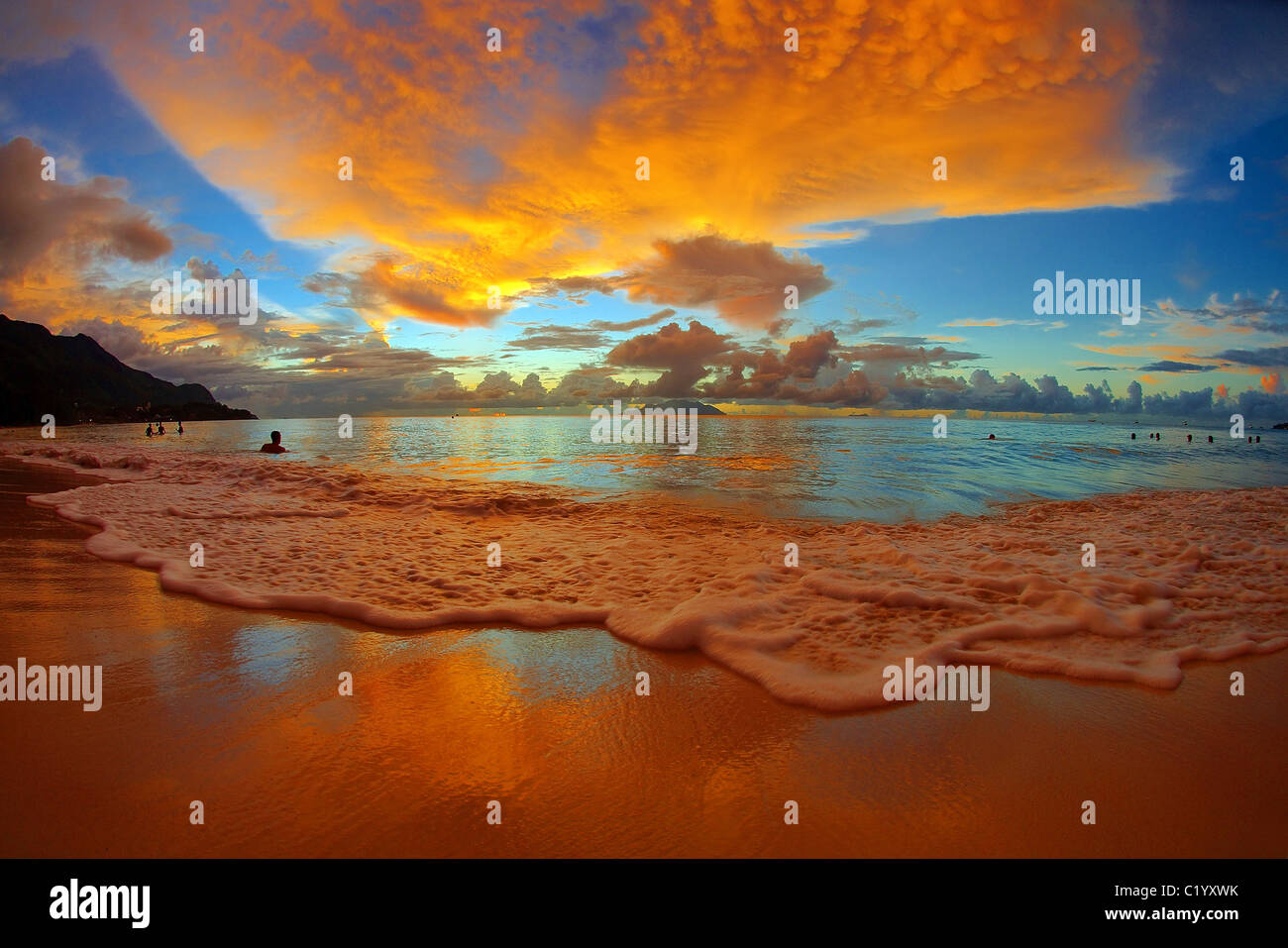 Bright, colorful sunset on the Mahe island, Indian Ocean, Seychelles ...