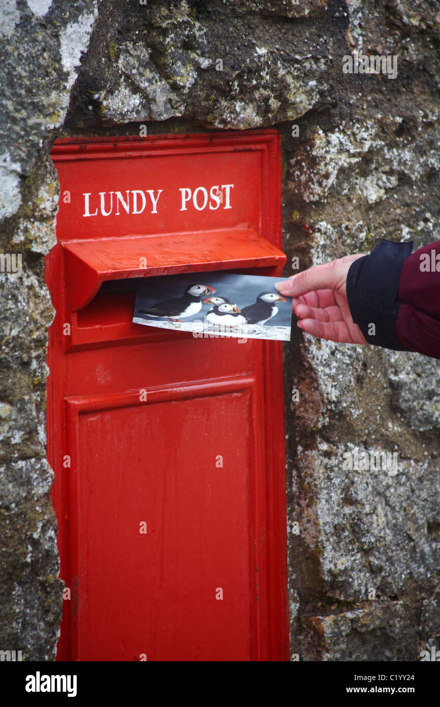 Posting a postcard with puffins on in the Lundy Post post box on Lundy ...