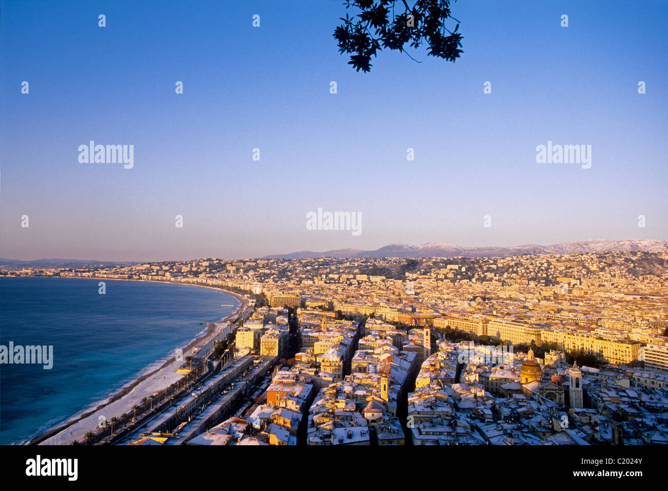Snowed roof top in winter time in Nice city. Snow in French Riviera is ...