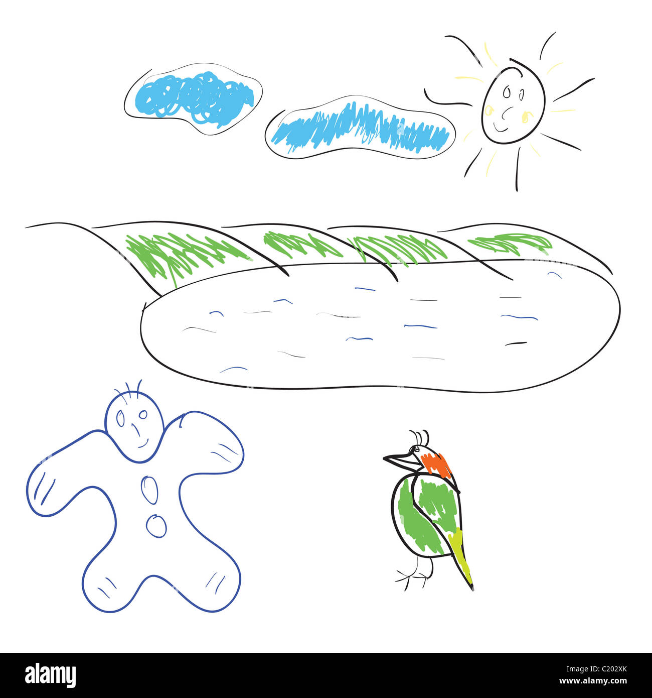 Children's drawing the sun a bird and the boy Stock Photo - Alamy