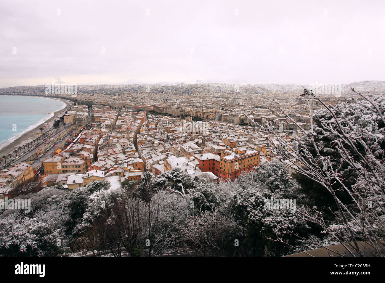Snowed roof top in winter time in Nice city. Snow in French Riviera is ...