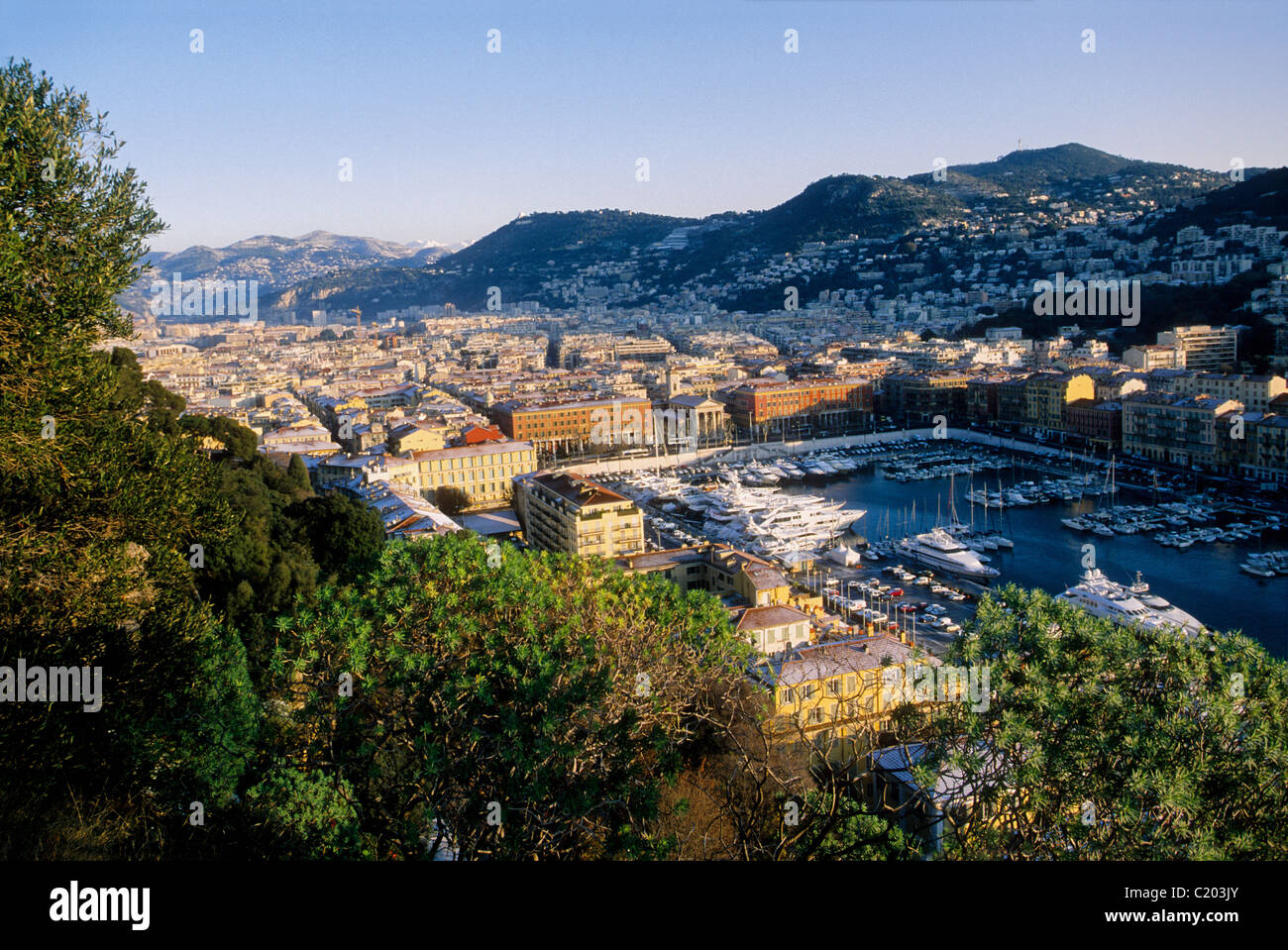 Snowed roof top in winter time in Nice city. Snow in French Riviera is ...