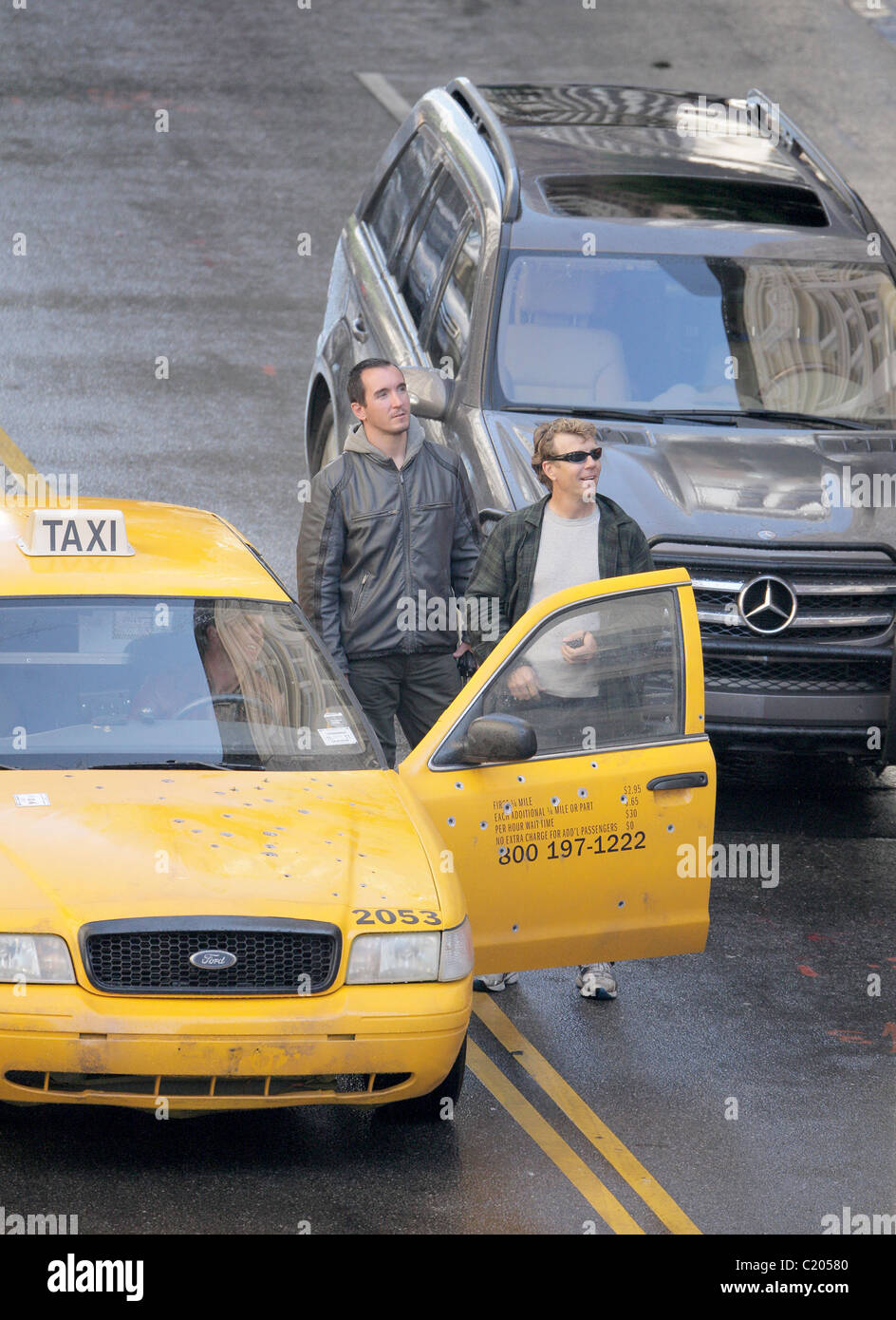 Bullet ridden taxi cab filming a scene for 'Inception' Los Angeles ...