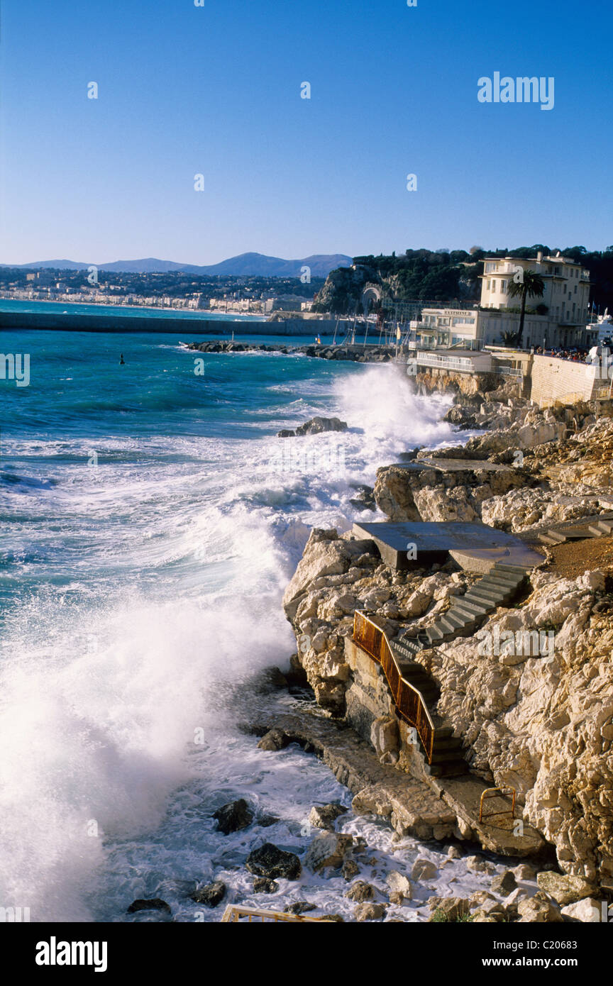 Rough sea in Nice near the beach called "La Reserve Stock Photo - Alamy