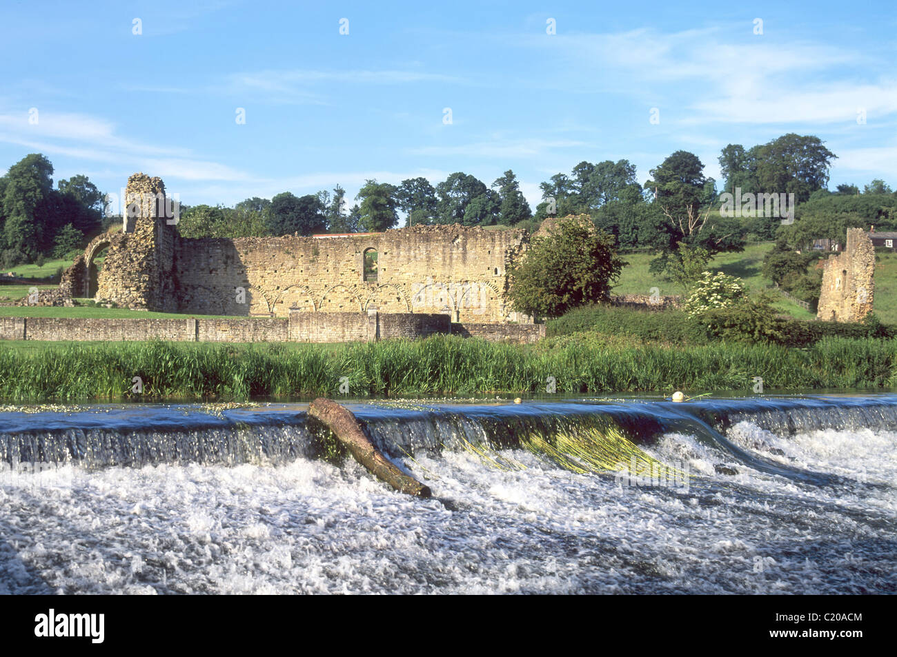 River Derwent & countryside landscape with tumbling water over weir ...