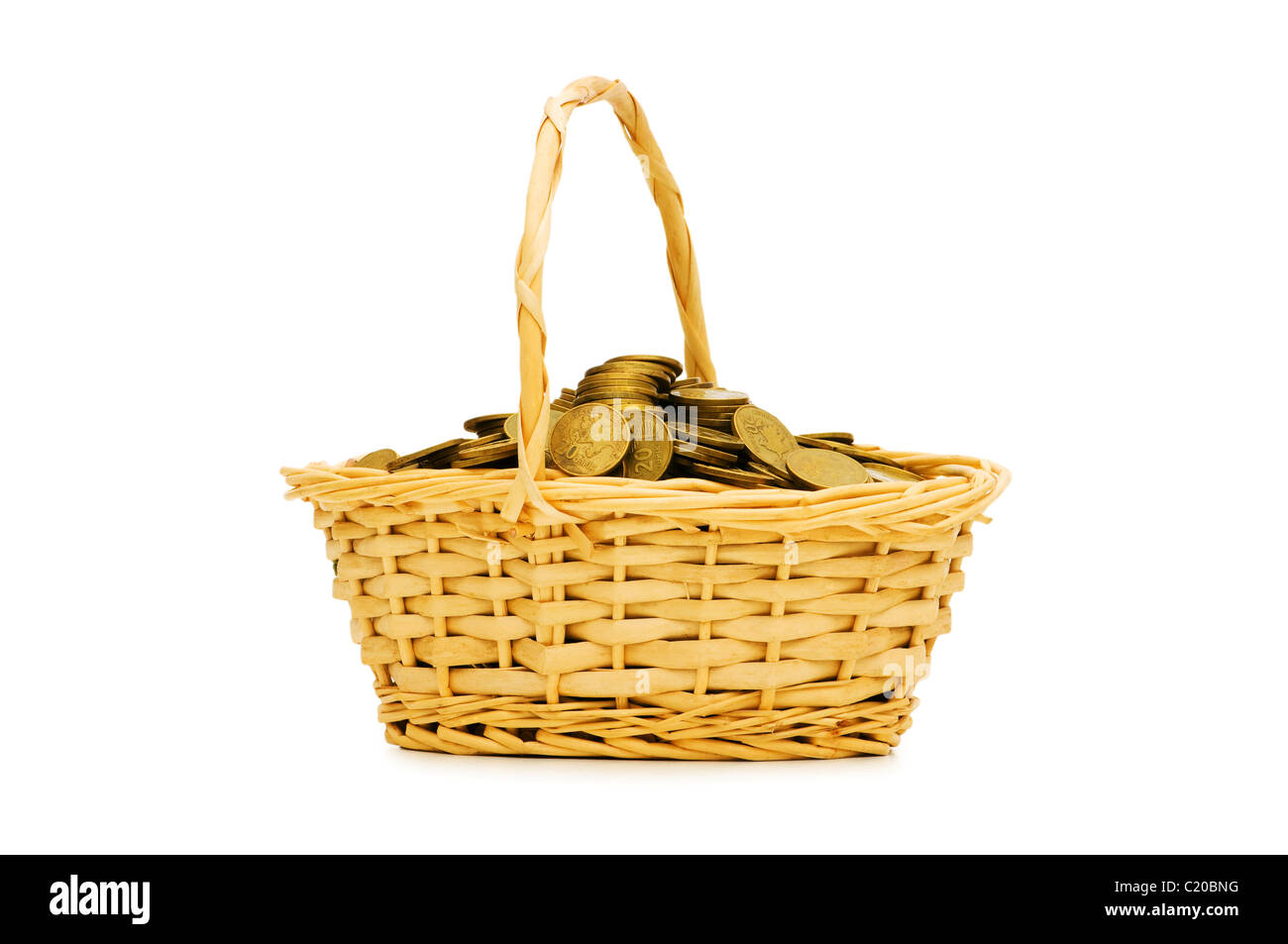 Basket full of coins isolated on white Stock Photo - Alamy