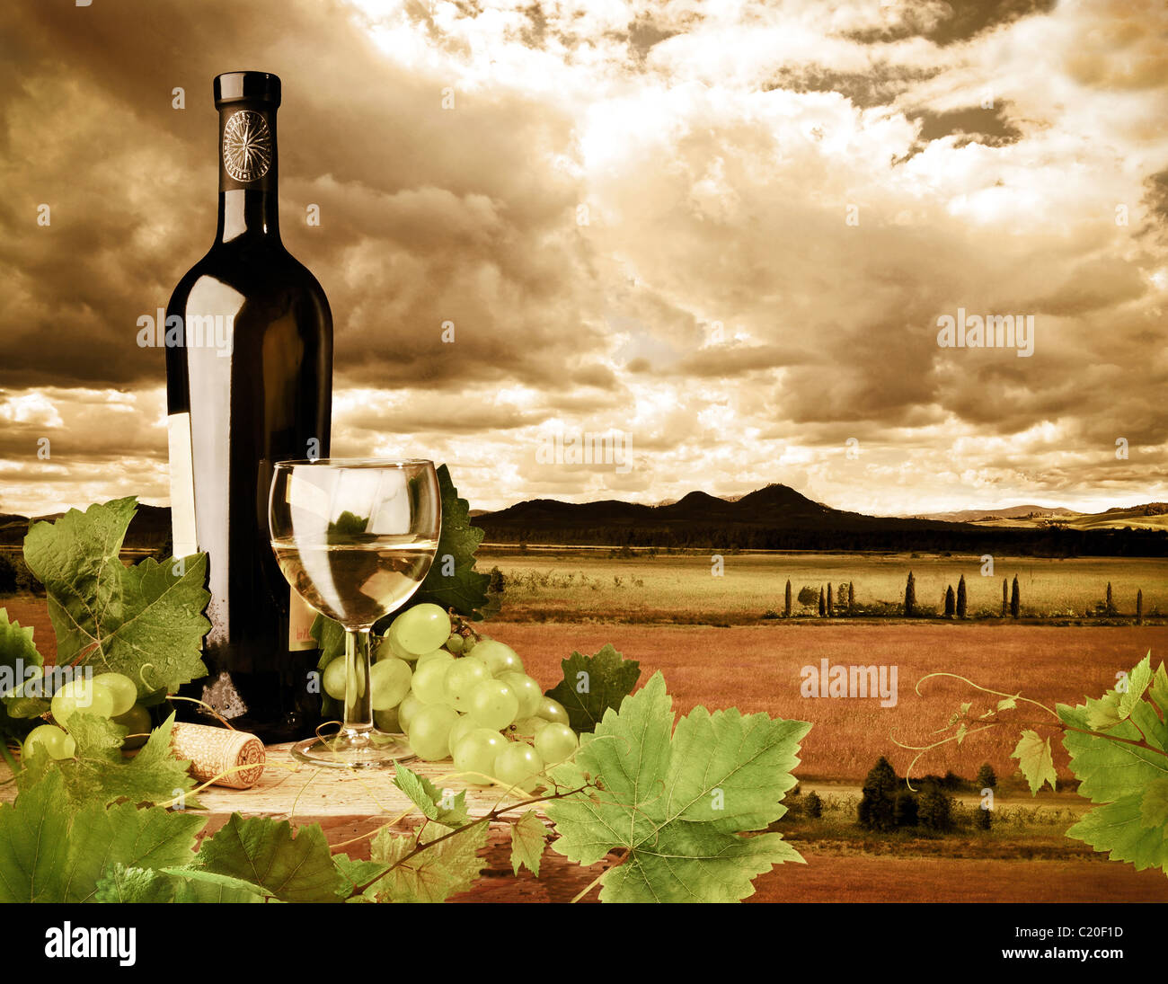 White wine and sunset landscape Stock Photo - Alamy