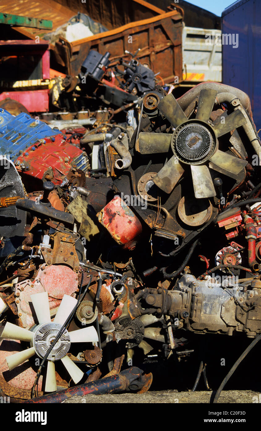giant pile of lorry engines at scrapyard uk Stock Photo - Alamy
