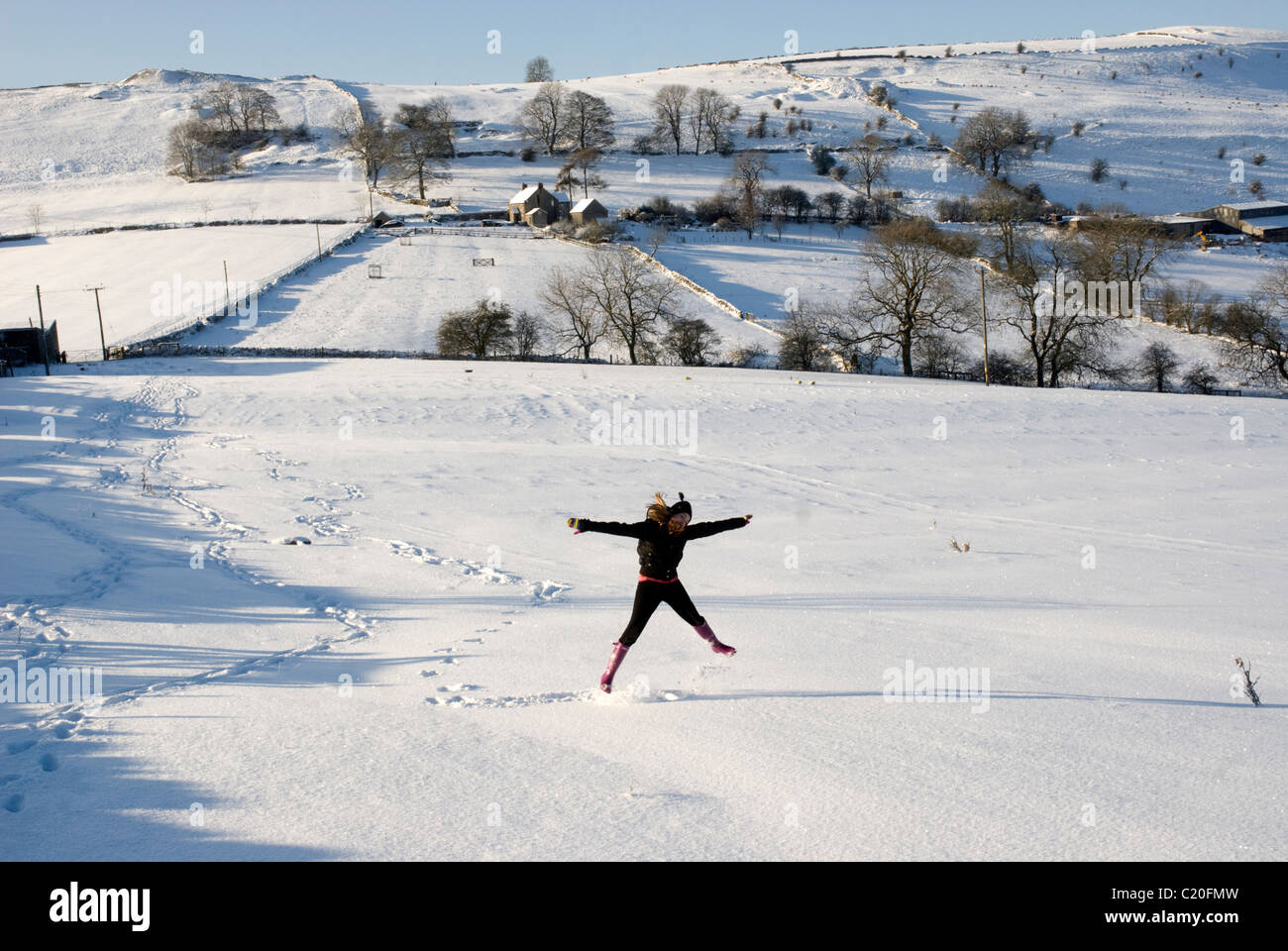Fun in the snow on Ecton Hill, Peak District Stock Photo - Alamy