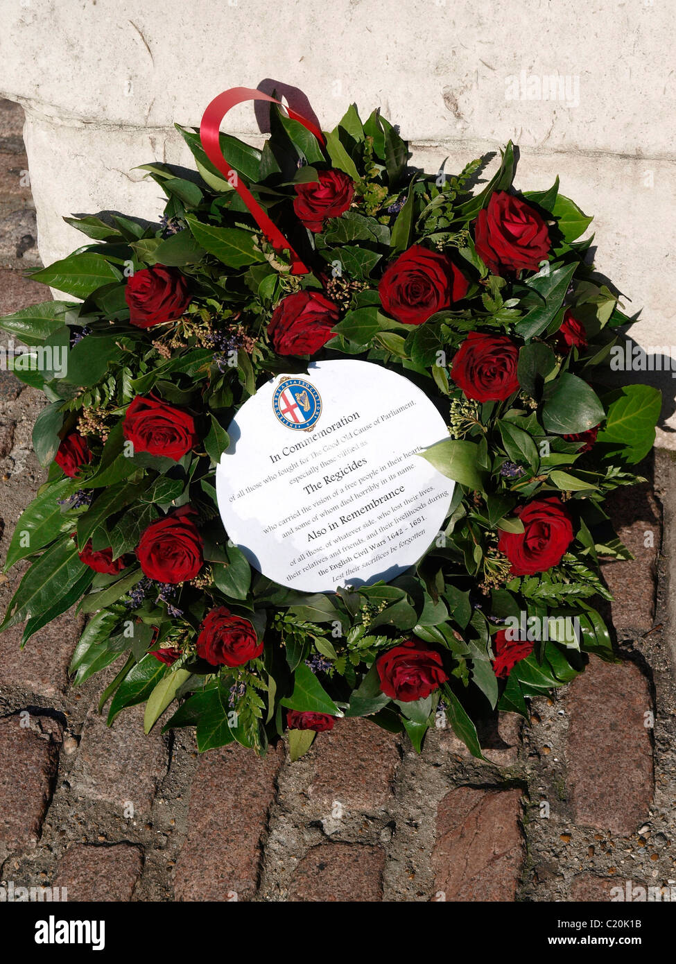 Wreath left by the Roundhead Association at the base of the equestrian ...
