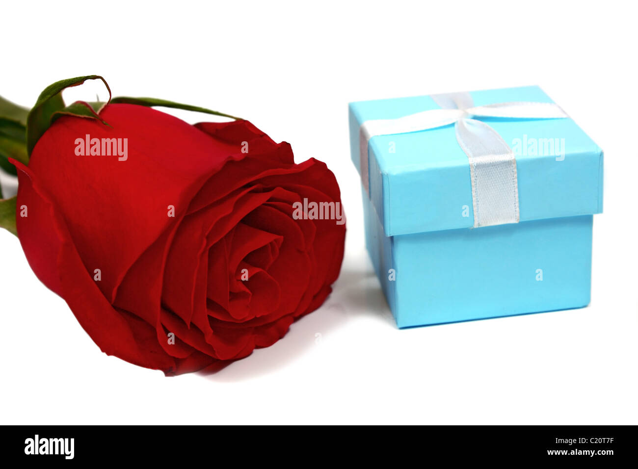 blue box for gifts and rose isolated on white background Stock Photo ...