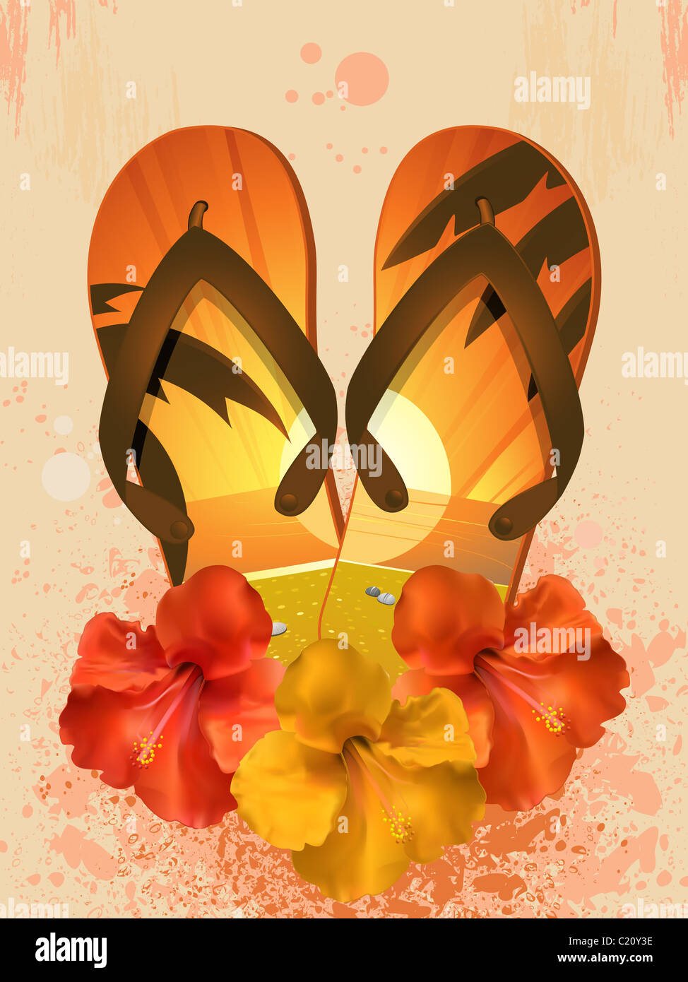 Flip flops with tropical sunset design and hibiscus flowers on a grunge ...