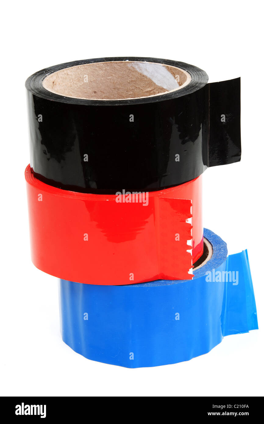 Three rolls of color tape blue, red and black Stock Photo - Alamy