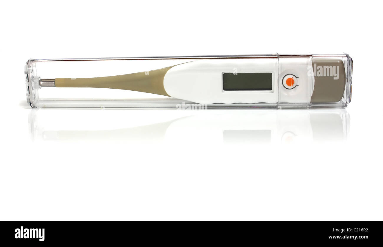 electronic thermometer in a transparente case isolated on white ...
