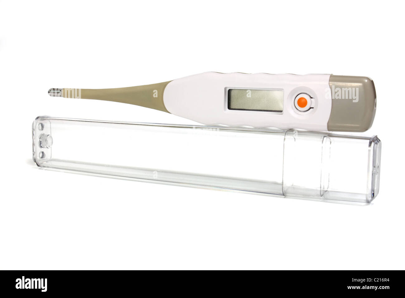 electronic thermometer on a transparente case isolated on white ...
