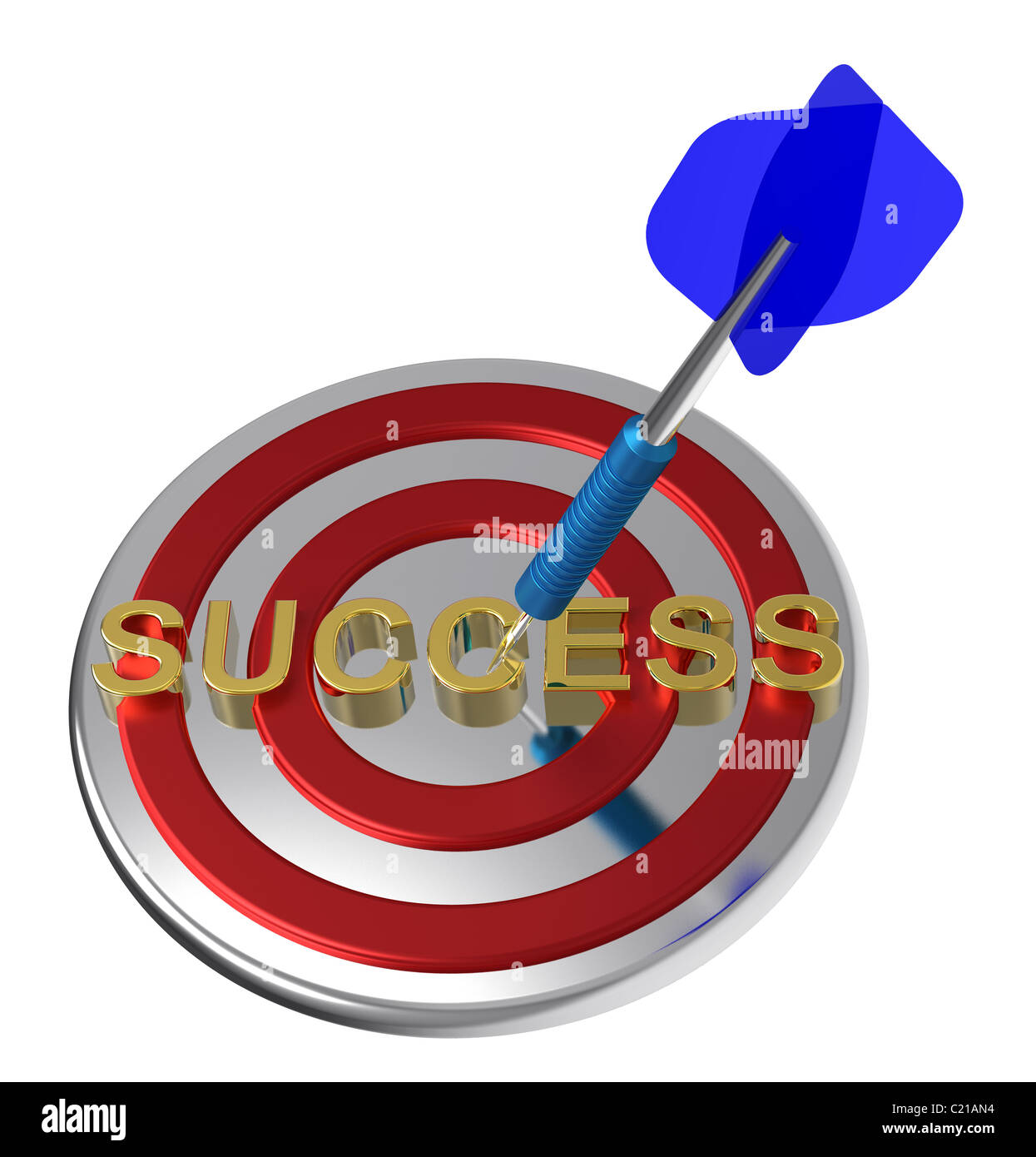 Blue dart on the target with success text on it Stock Photo - Alamy