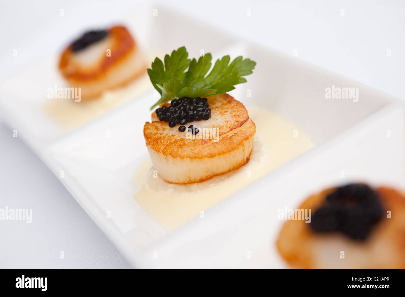 Scallops in a white wine and cream sauce with caviar Stock Photo - Alamy