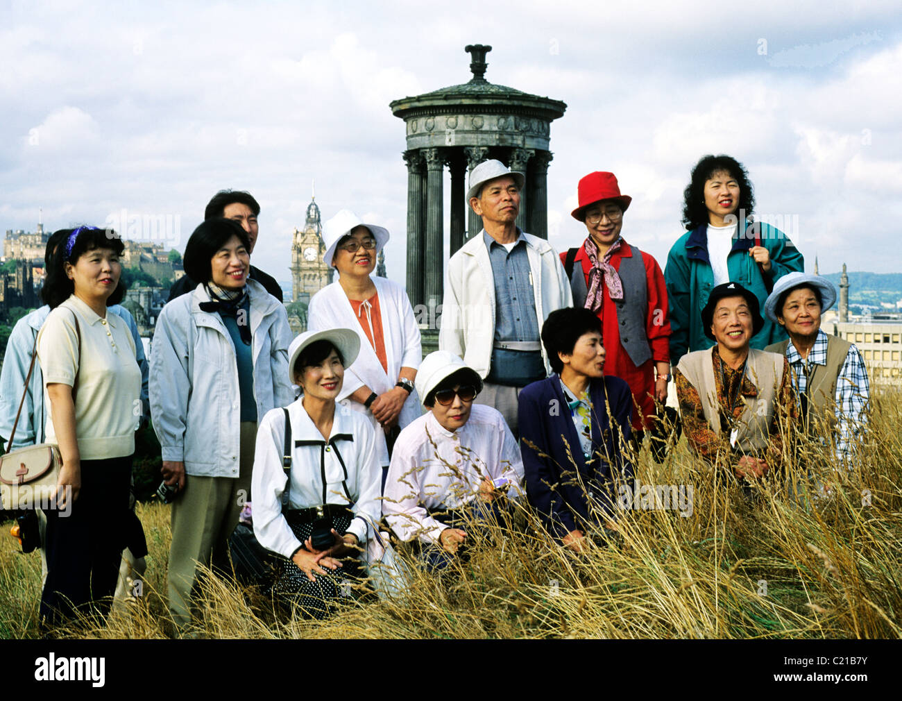 Japanese tourists in Edinburgh Calton Hill Scotland UK tourist party ...