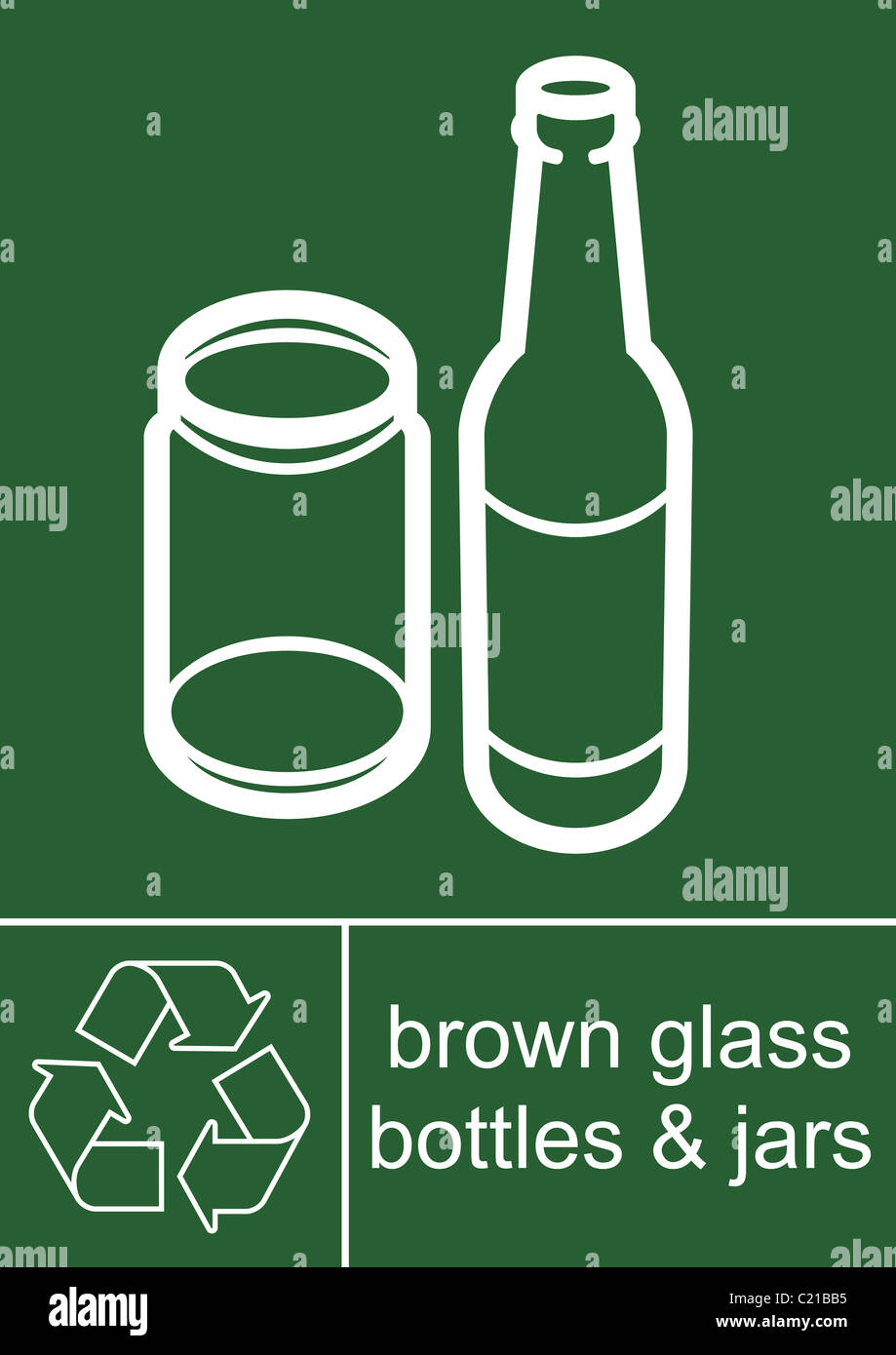 Recycling Sign Brown Glass Bottles and Jars Stock Photo - Alamy