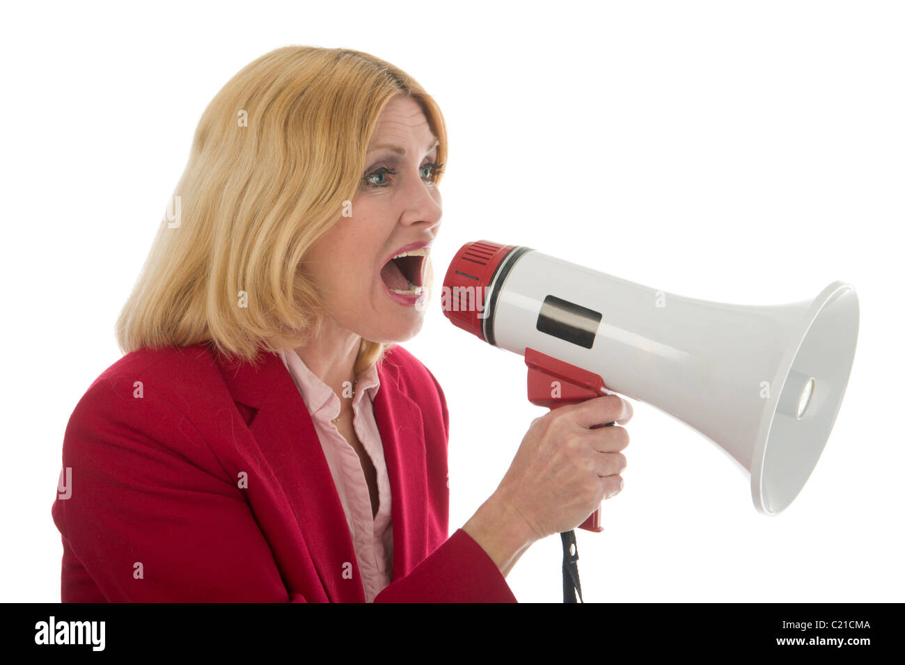 Attractive and smiling young executive business woman making her point ...