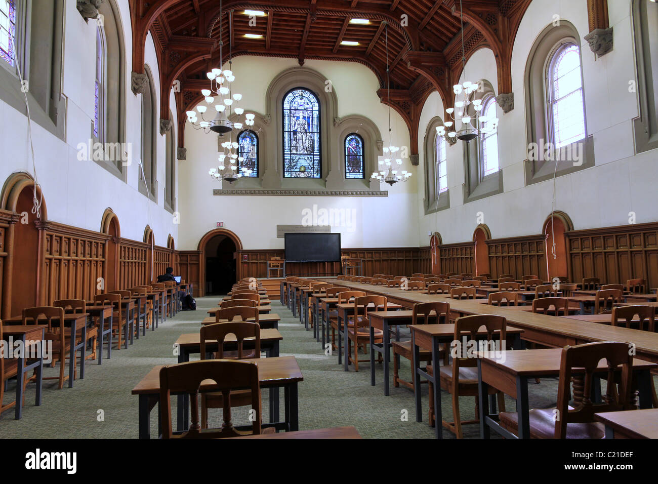College lecture hall with oak hammerbeam ceiling Stock Photo - Alamy