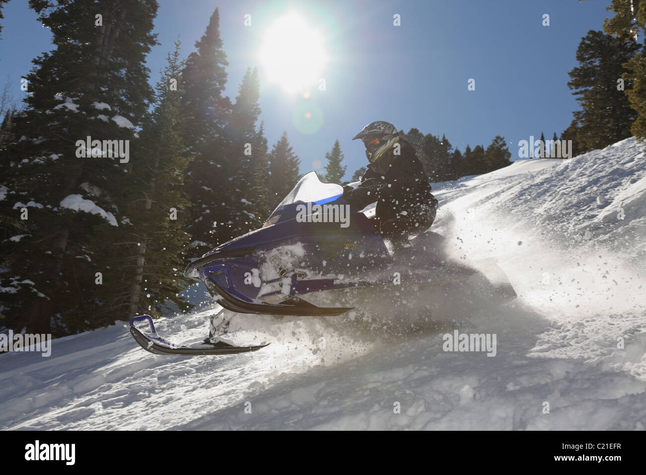 man and fast action snowmobile jumping Stock Photo - Alamy
